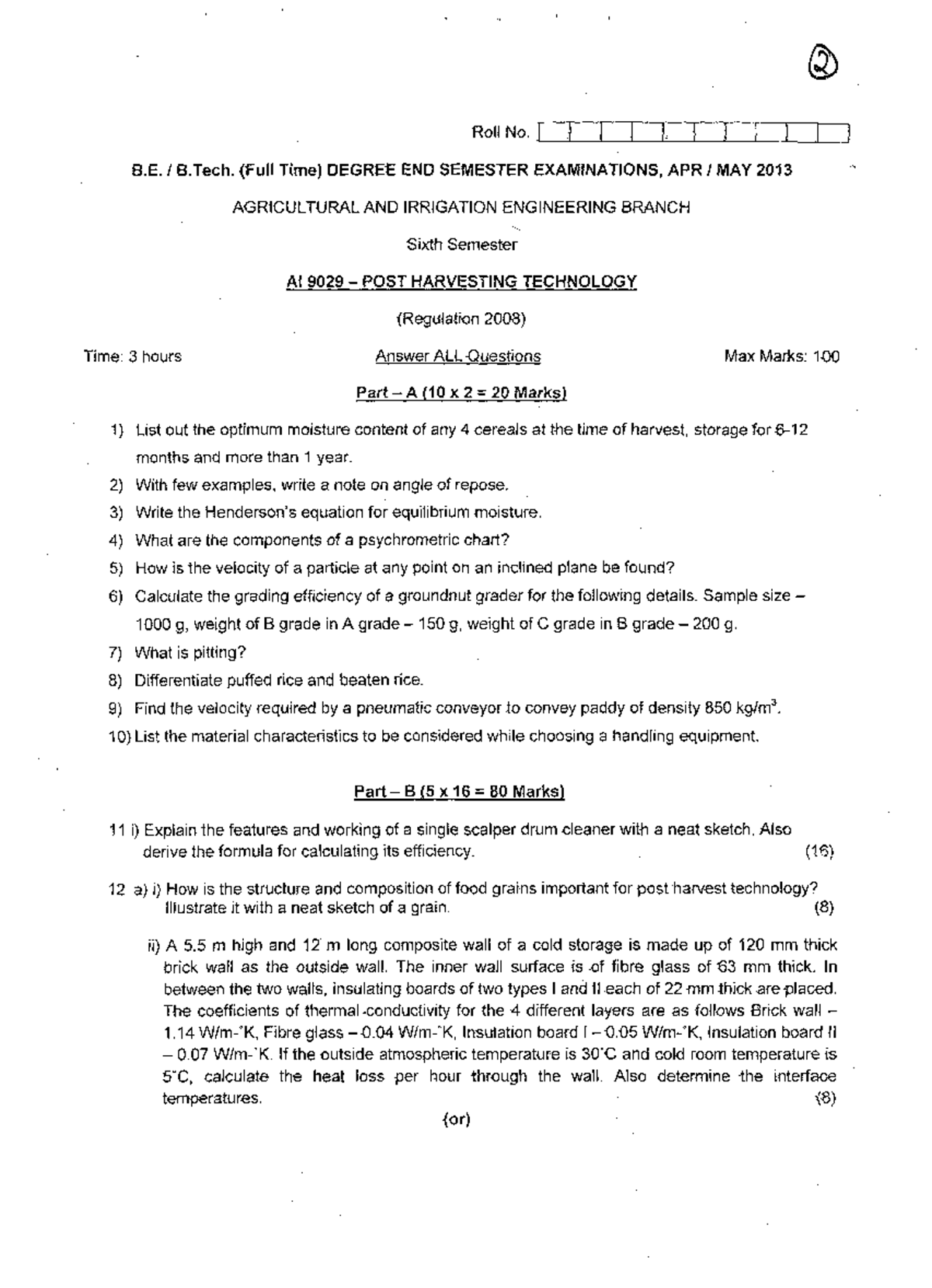 B.E. B.Tech. (Full Time) Al 9029 Post Harvesting Tech Exam Q&A - Apr ...