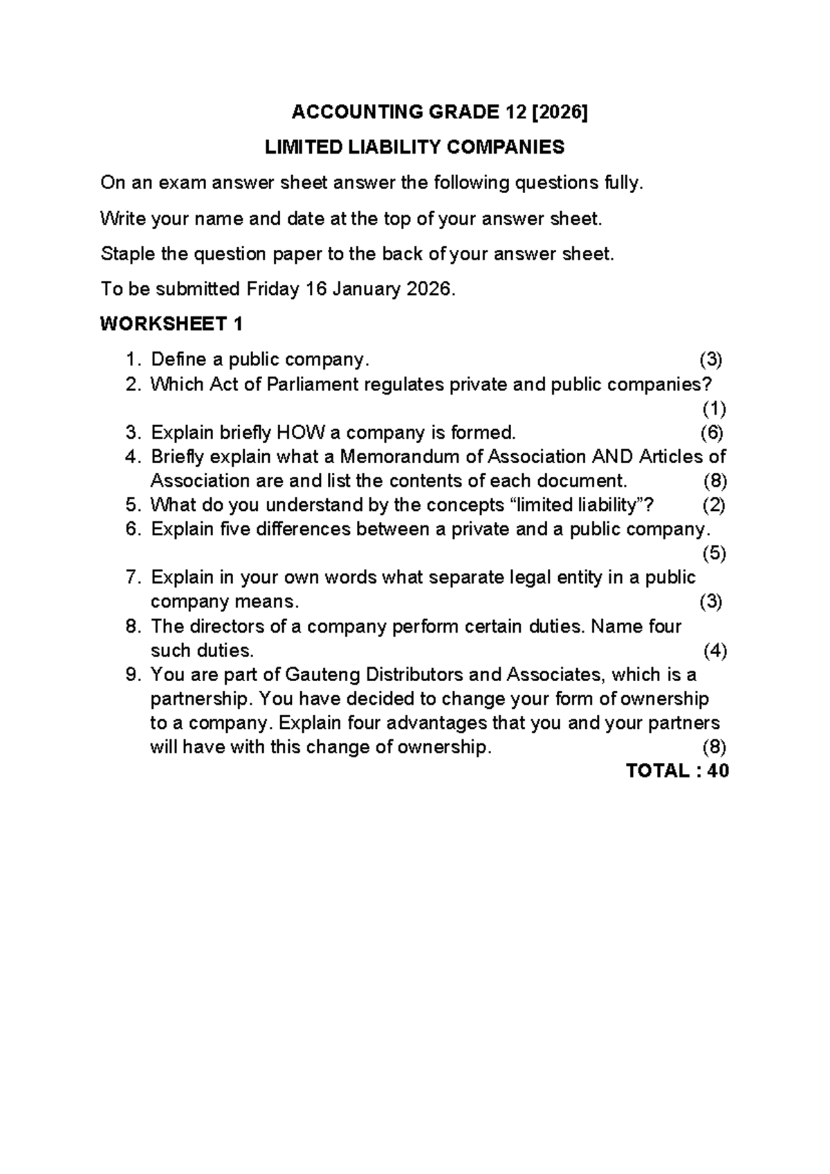 ACCOUNTING GRADE 12: Limited Liability Companies Worksheet 1 - Studocu