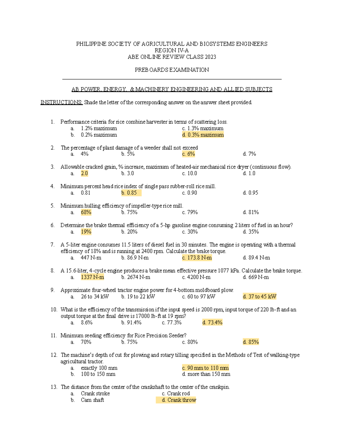 ABE 2023 Preboards Exam Part I Answer Key: Power, Energy, Machinery ...