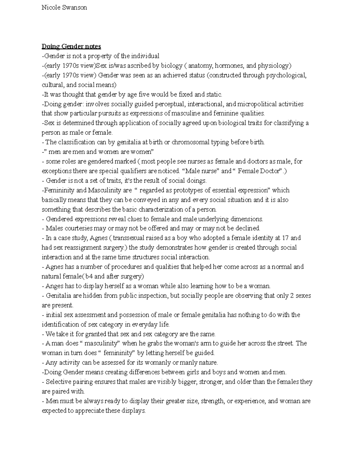 Gender sociology notes - Nicole Swanson Doing Gender notes -Gender is ...