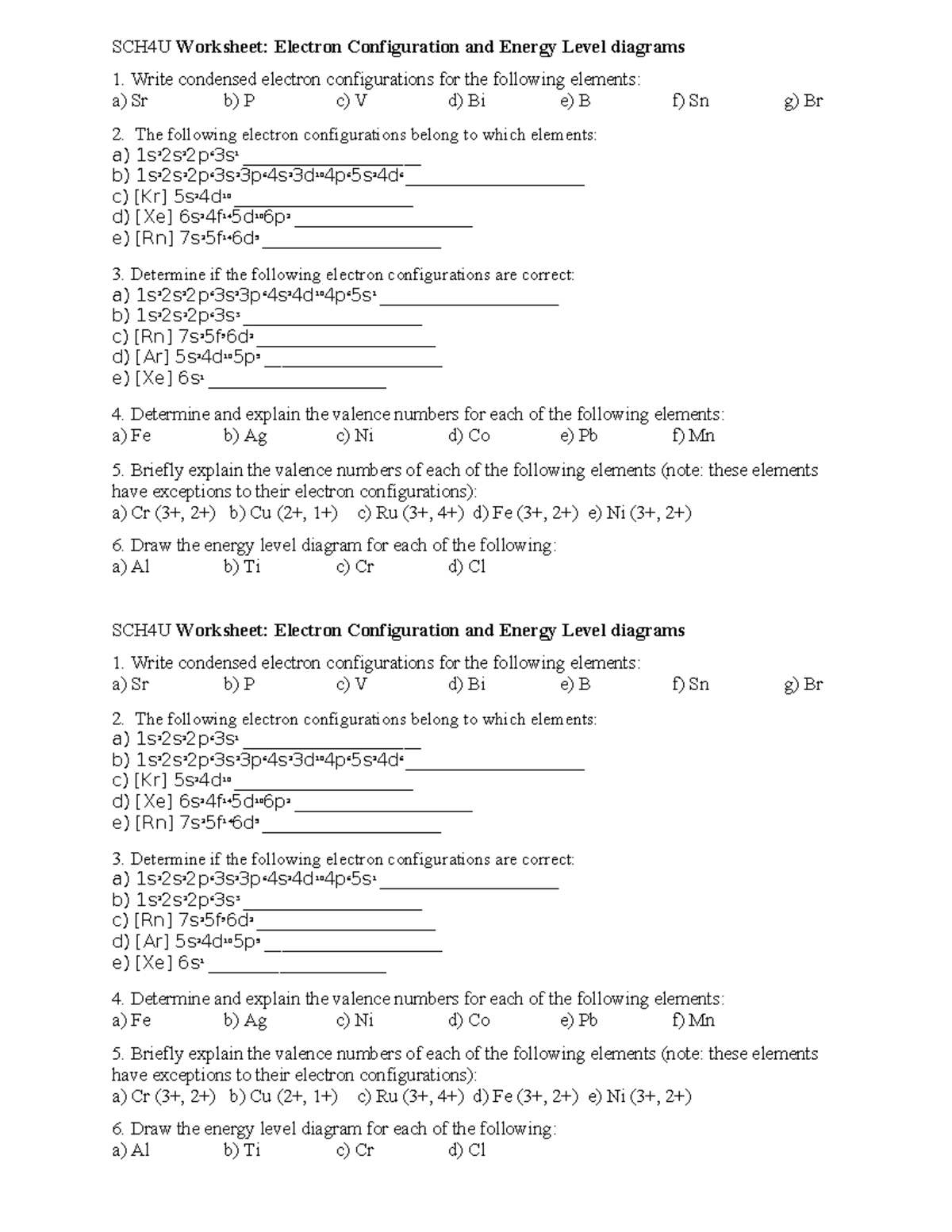 SCH4U Electron Configurations & Energy Level Diagrams Worksheet - Studocu