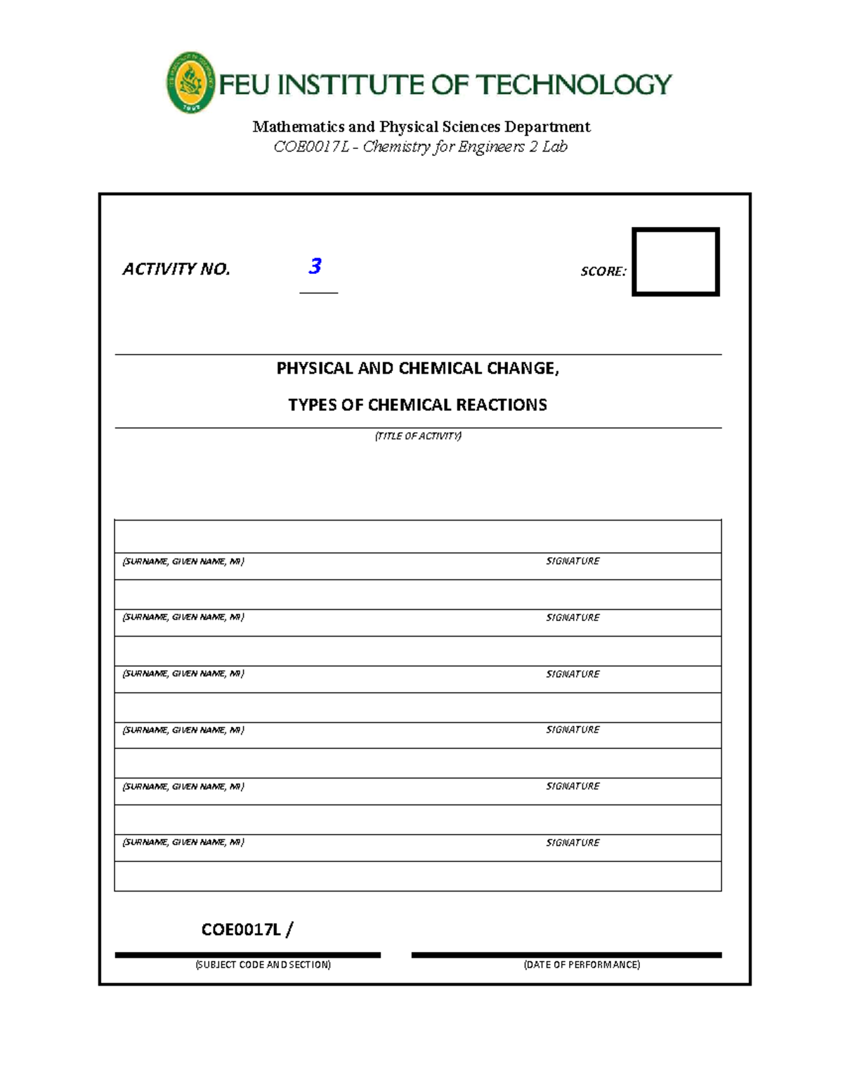 COE0017L Chemistry for Engineers 2 Lab Activity 3: Physical & Chemical ...