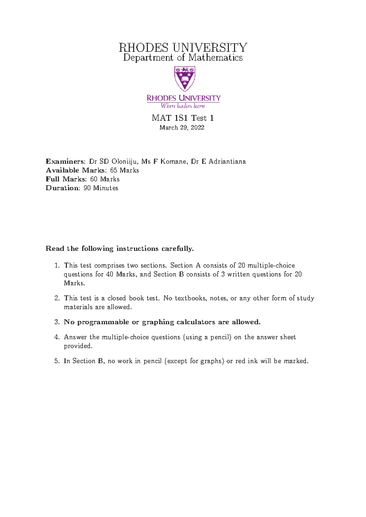 MAT 1S1 Test 1 - March 2022 Examination Details and Instructions - Studocu