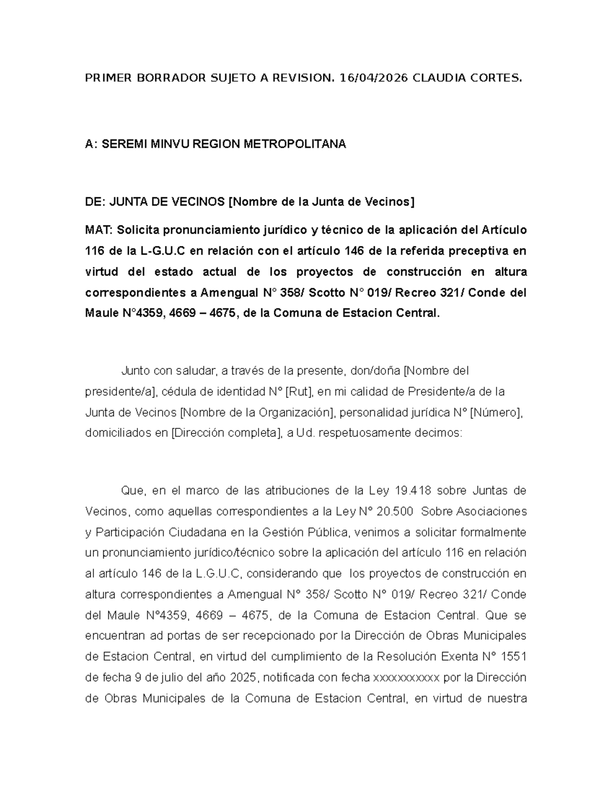 Solicitud de Pronunciamiento Técnico y Jurídico - Seremi Minvu 16 - Studocu
