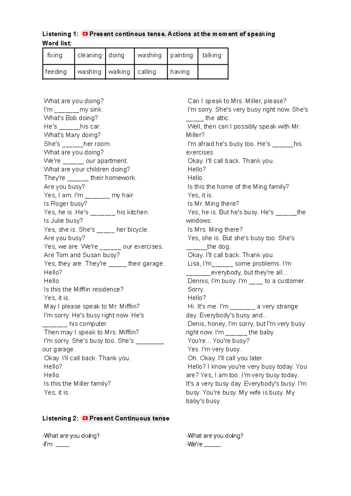 Present Continuous Tense: What Are You Doing? (Listening Exercises ...