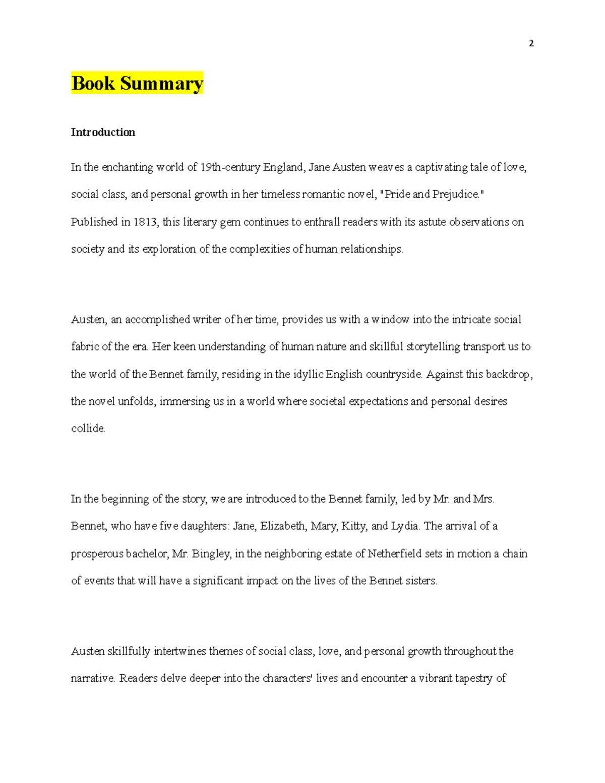 Pride and Prejudice (ENG 101) Summary and Key Themes Analysis - Studocu
