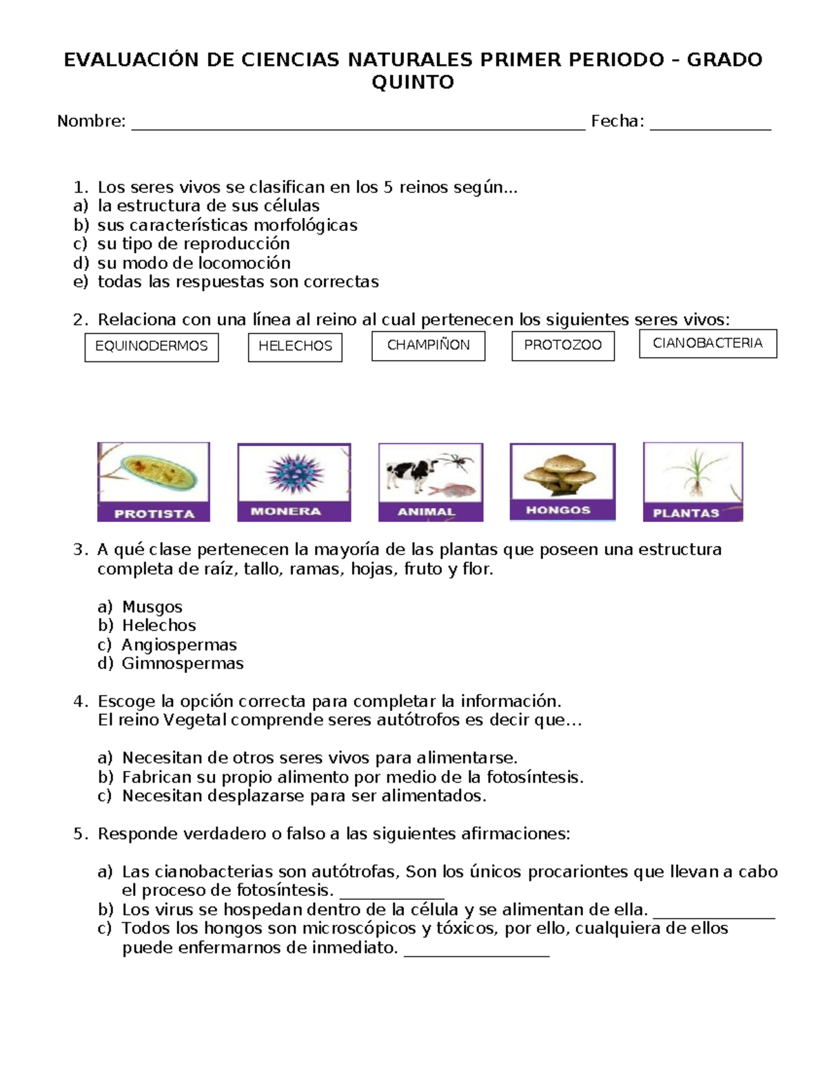 Evaluación DE Ciencias Naturales Primer Periodo - EVALUACIÓN DE ...