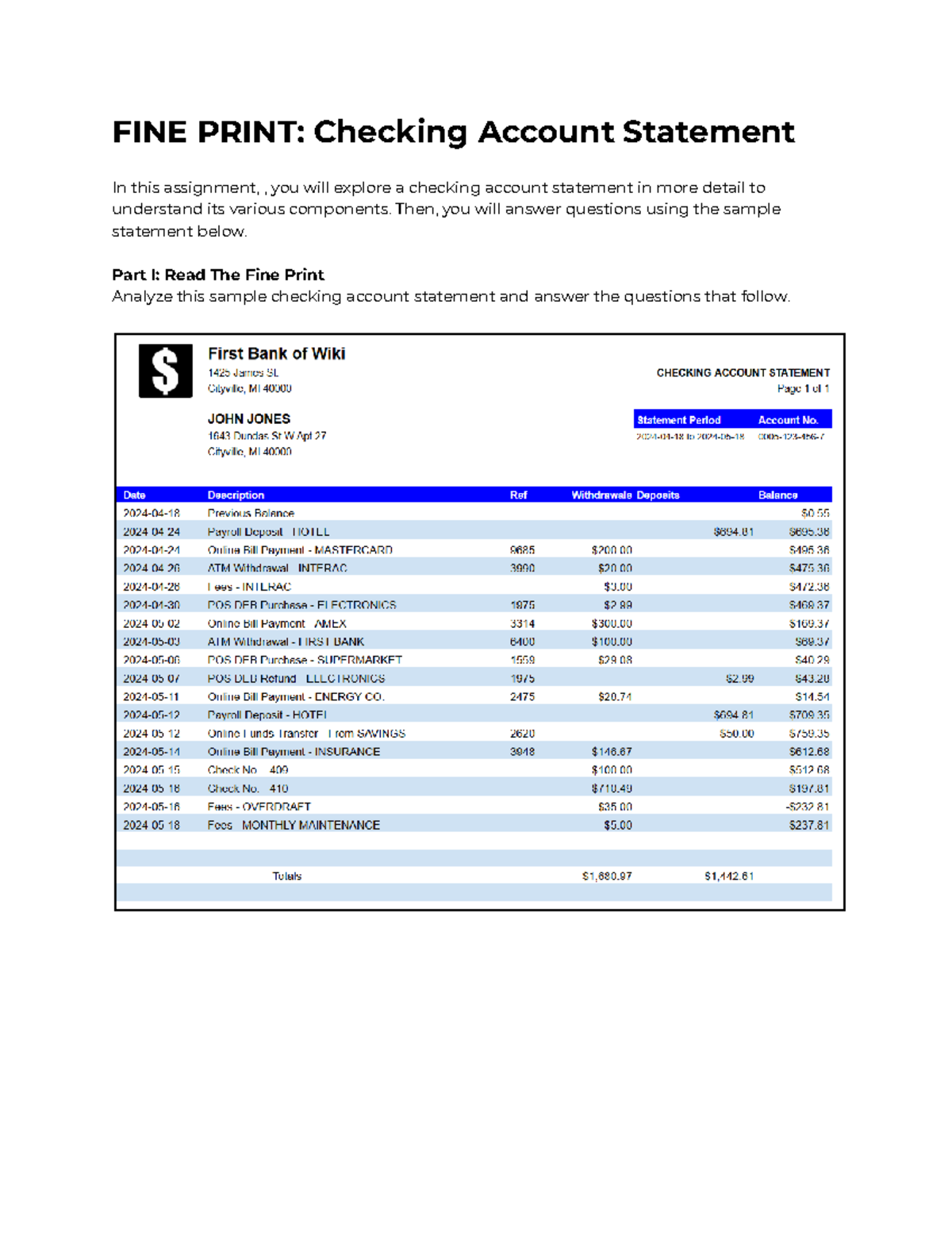 FINE 101: Exploring Checking Account Statements and Components - Studocu