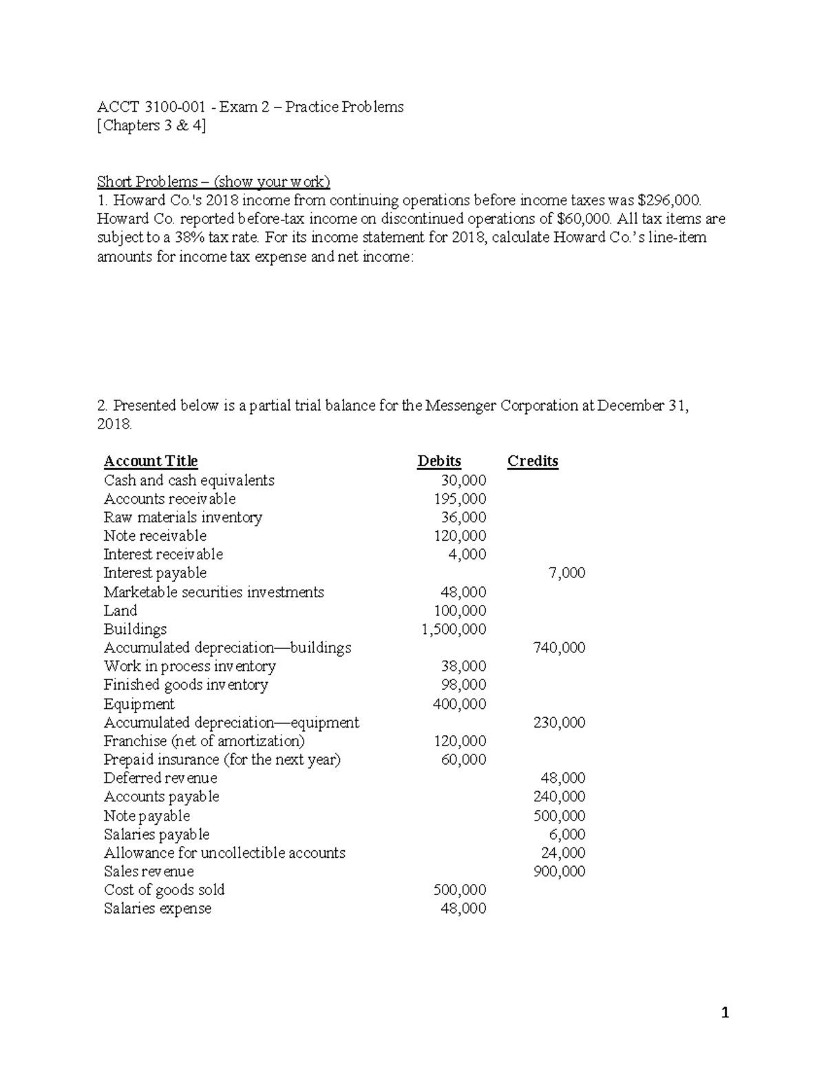 ACCT 3100 Exam 2 Practice Problems and Solutions - Studocu