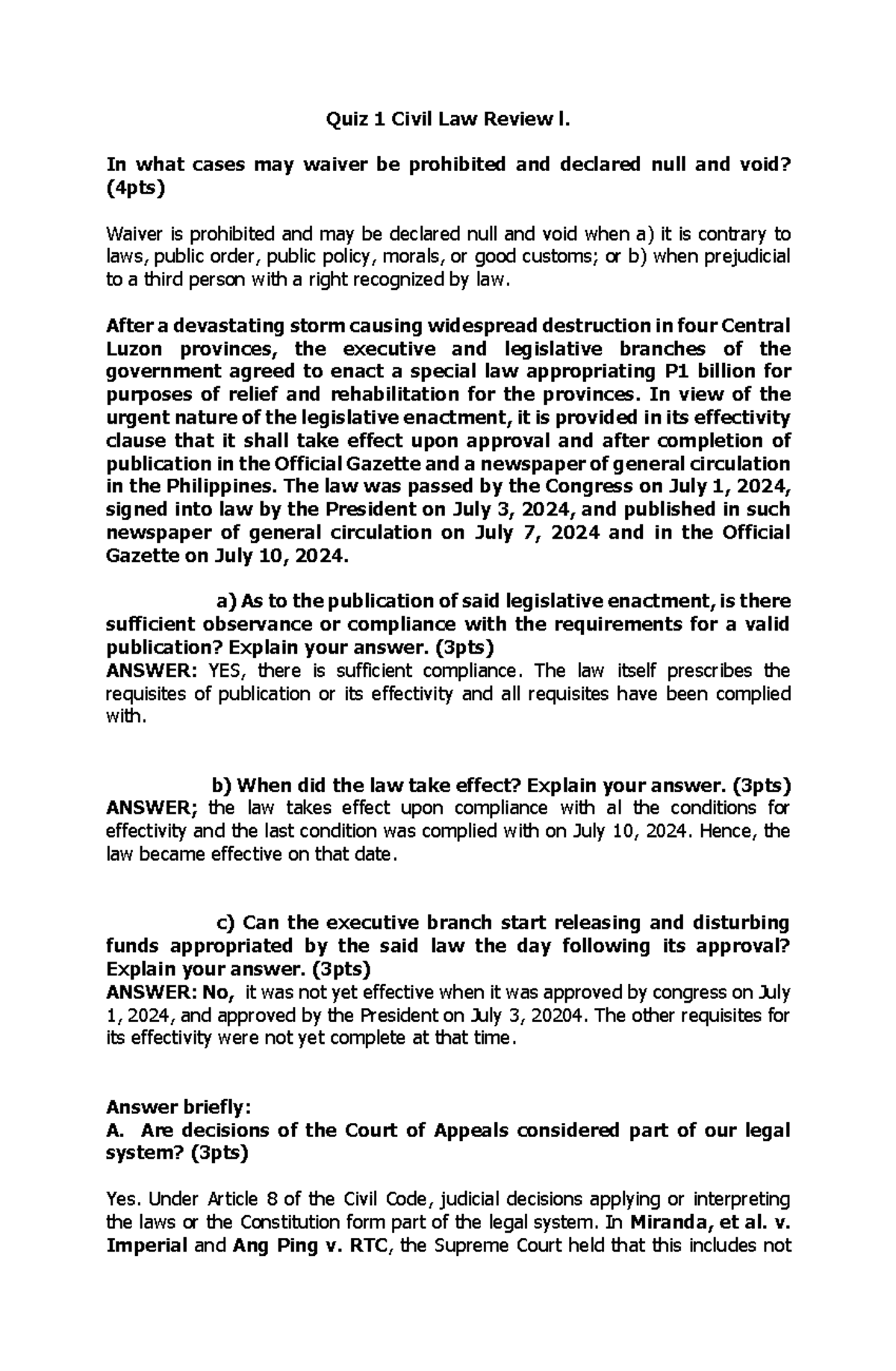 Quiz 1: Civil Law Waiver and Legislative Effectivity Analysis - Studocu