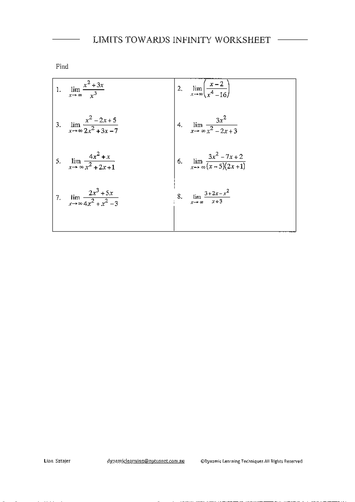 Limits Worksheet Towards Infinity (MATH 101) - Studocu