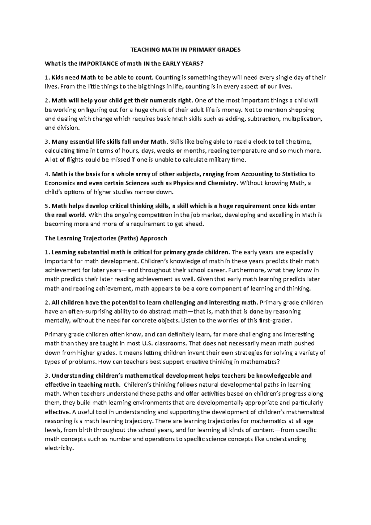 Teaching Math in Primary Grades: Importance and Strategies (MATH 101 ...