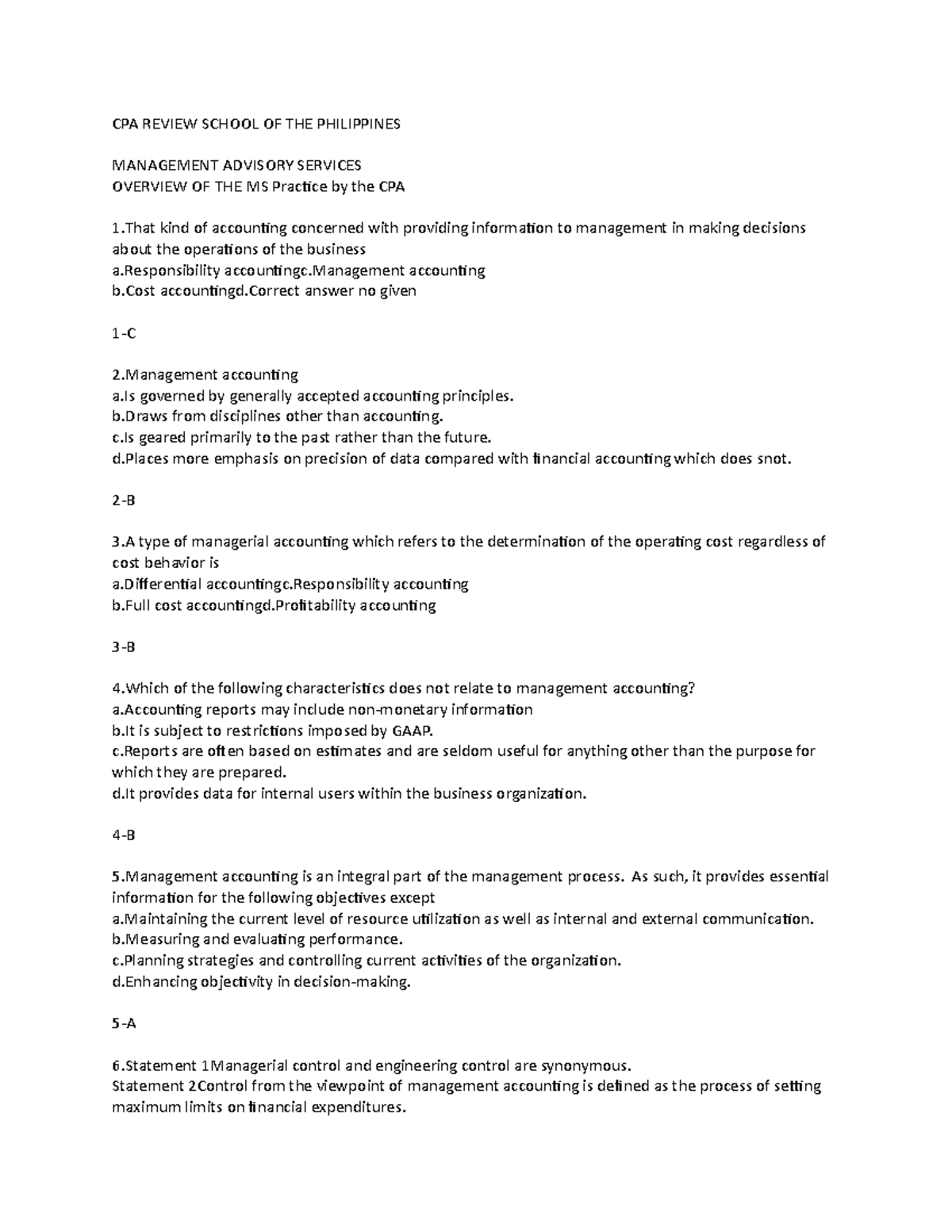 MAS - ……. - CPA REVIEW SCHOOL OF THE PHILIPPINES MANAGEMENT ADVISORY ...