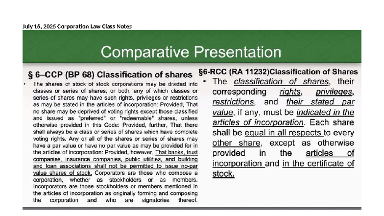 Corporation Law Class Notes - July 16, 2025 - Studocu