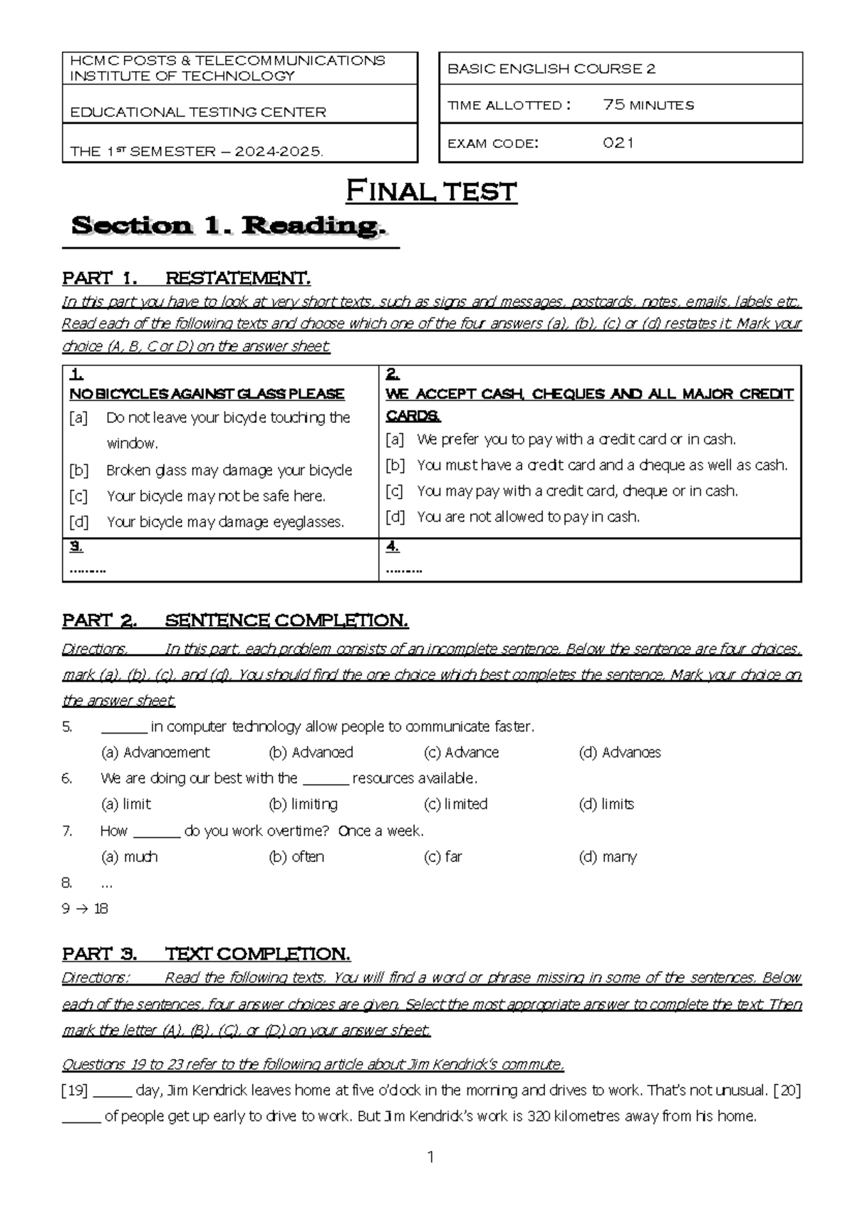 HCMC Telecommunications Institute Basic English Course 2 Final Exam ...