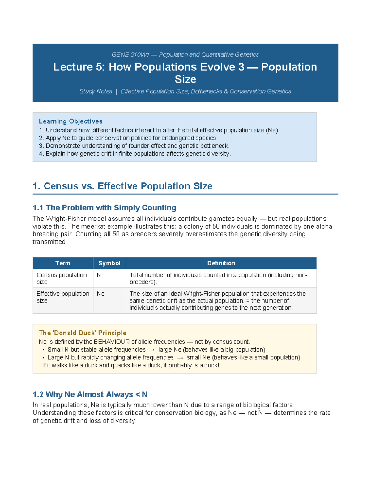 GENE 310W1 Lecture 5 Study Notes: Effective Population Size ...