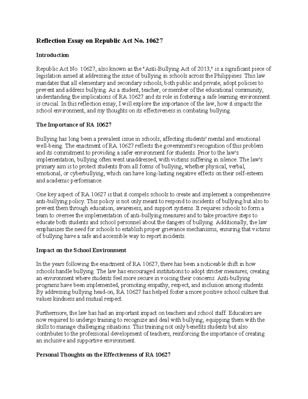 Reflection Essay on RA 10627: Insights on the Anti-Bullying Act - Studocu