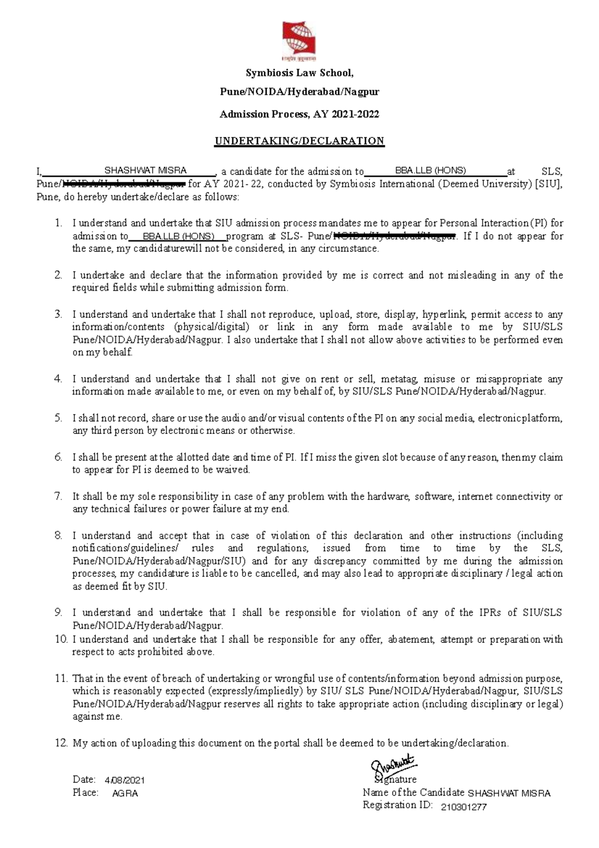 SLS Admission Undertaking Declaration 2021-22 - Common Guidelines - Studocu
