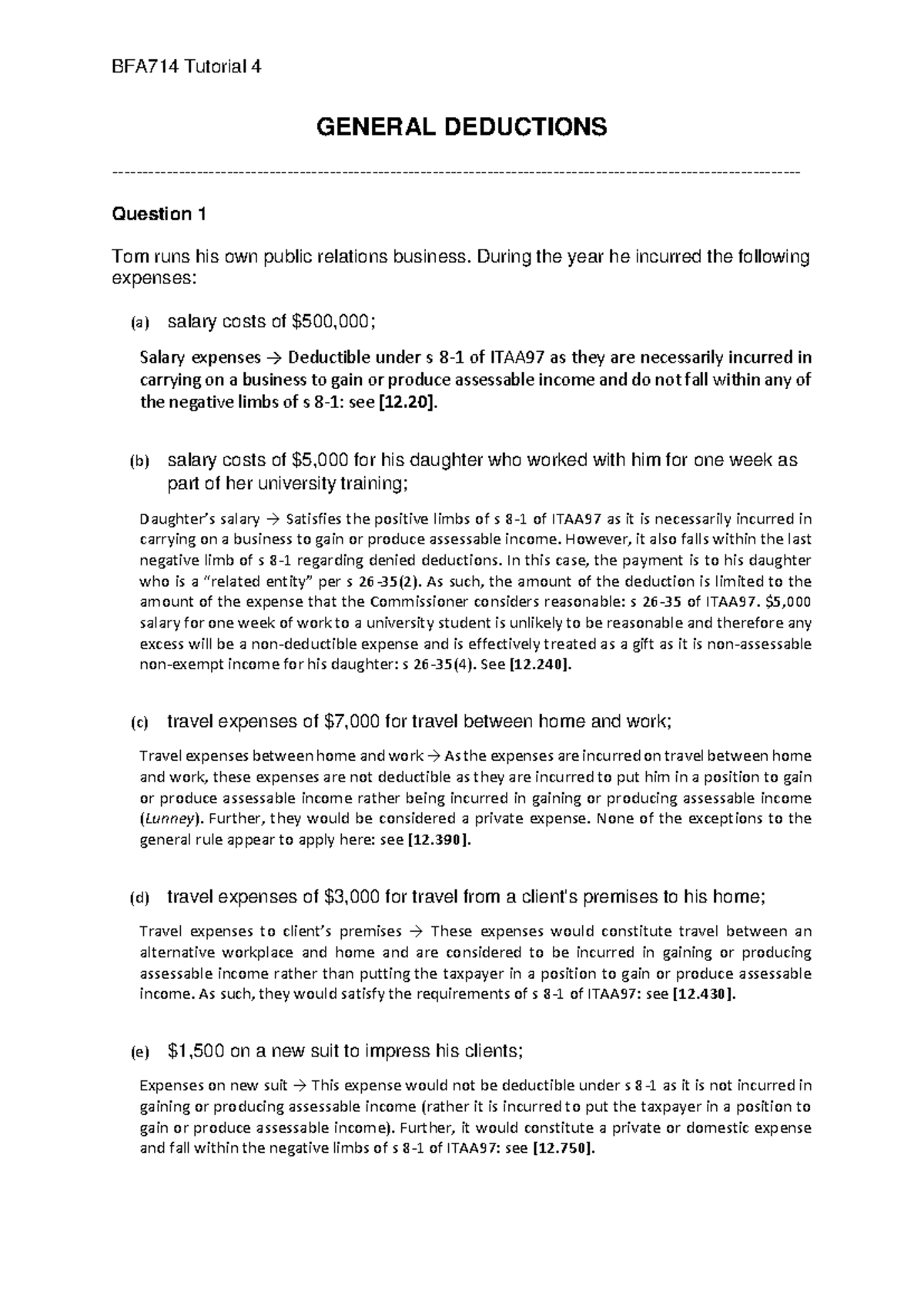Tutorial 5 (wk6) BFA714 solution - GENERAL DEDUCTIONS - Question 1 Tom ...