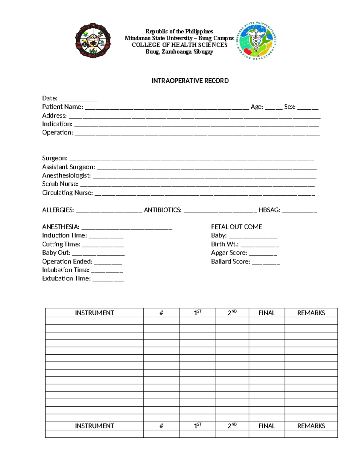 PERI- Operative- Checklist 2 - Mindanao State University – Buug Campus ...
