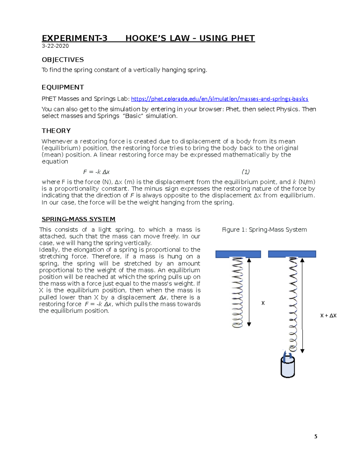 Experiment 3: Hooke's Law Using PhET Simulation - Lab Report - Studocu