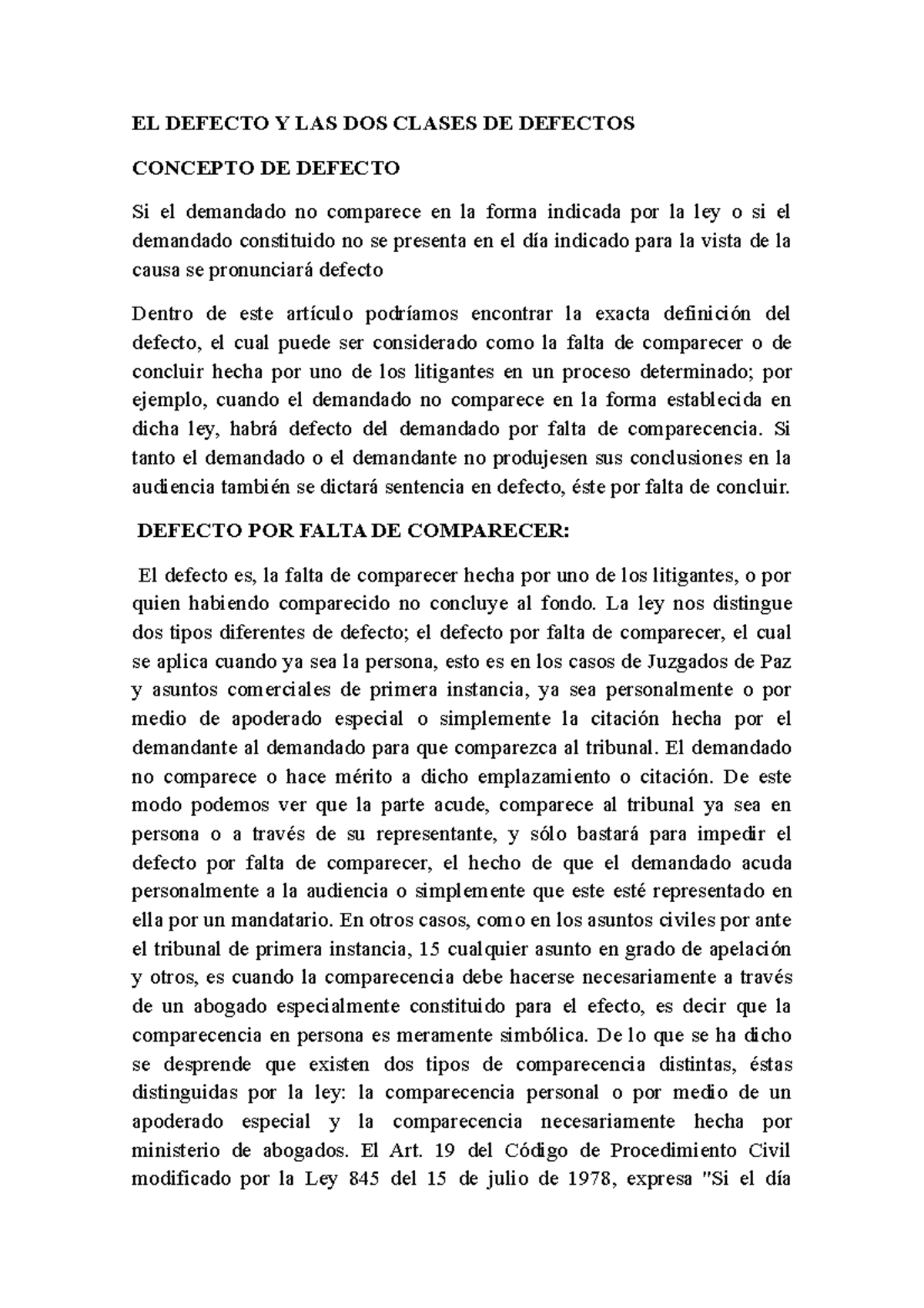 Estudio sobre el Defecto y sus Dos Clases: Análisis Jurídico - Studocu