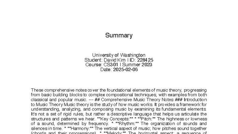 CS301 Summer 2023: Comprehensive Music Theory Study Notes - Studocu