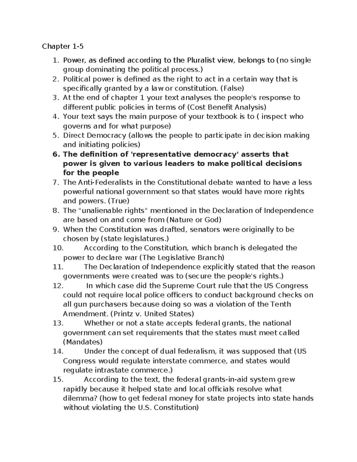 US Government Cht 1-5 - Chapter Notes & Week 4 Quiz Insights - Studocu