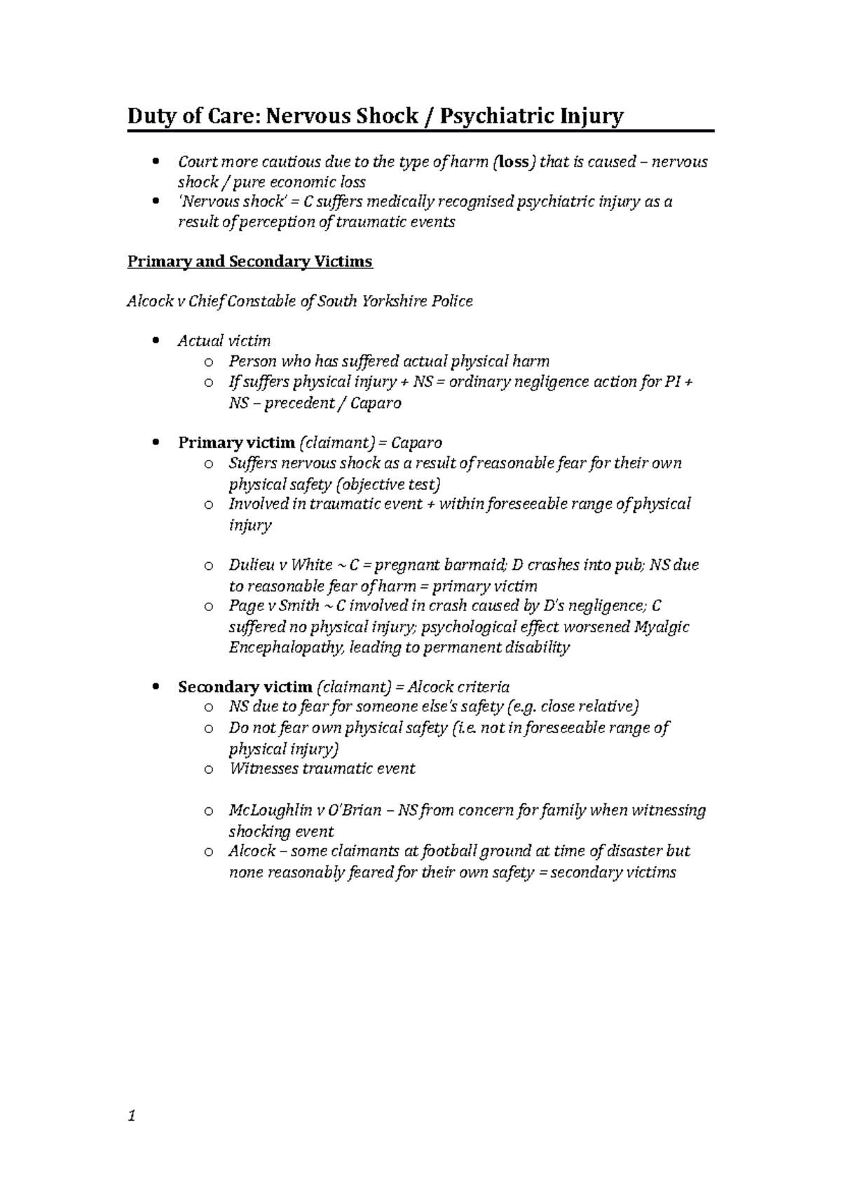 08 Nervous Shock - Tort Law (LLB) - Duty of Care: Nervous Shock ...