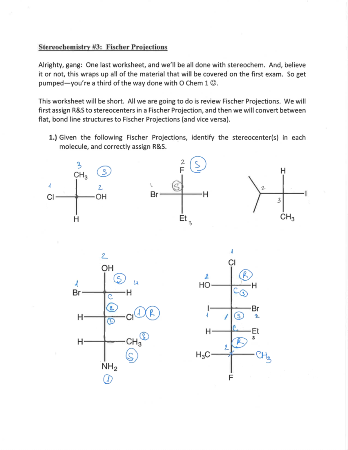O Chem 1: Stereochemistry Worksheet on Fischer Projections - Studocu