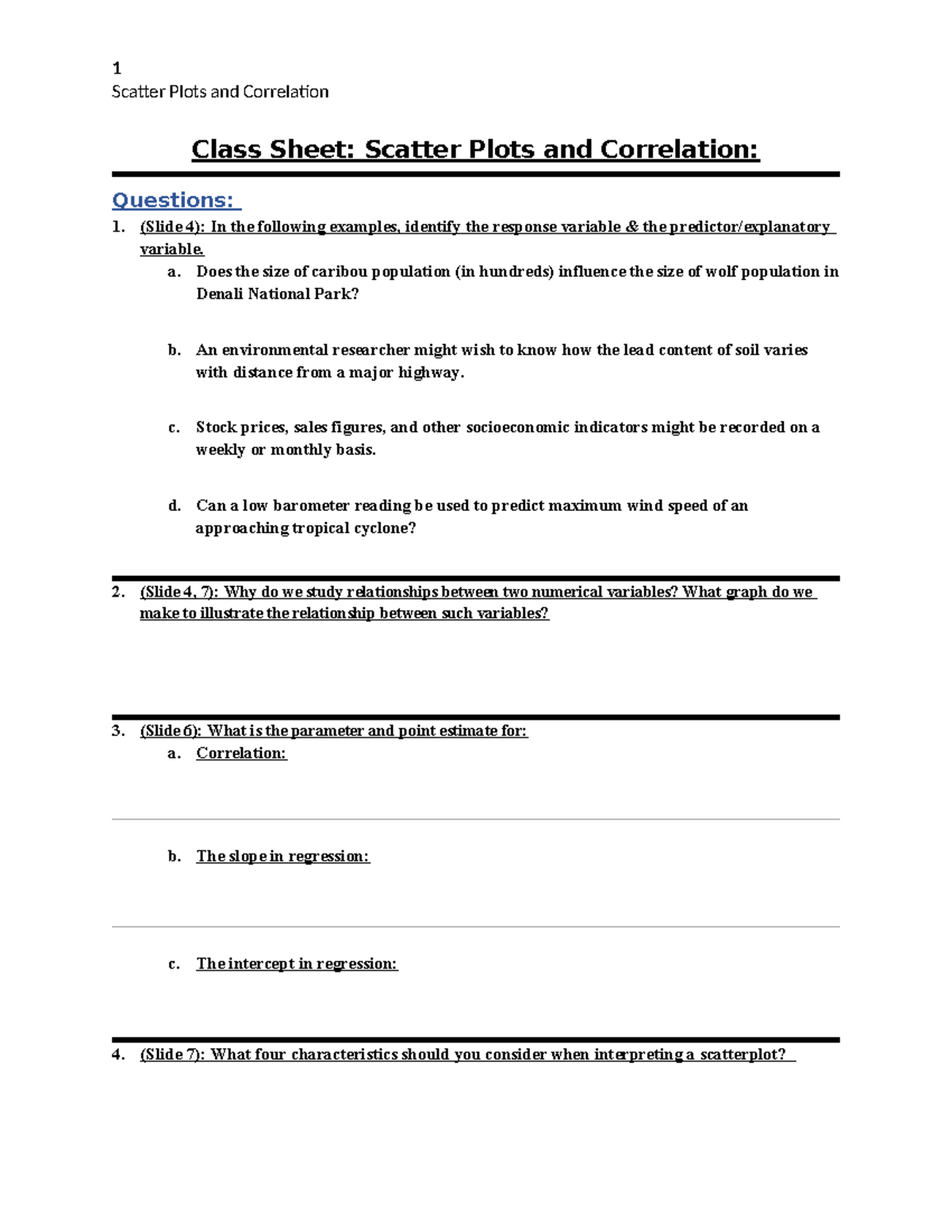 Class Sheet: Scatter Plots & Correlation Concepts and Examples - Studocu