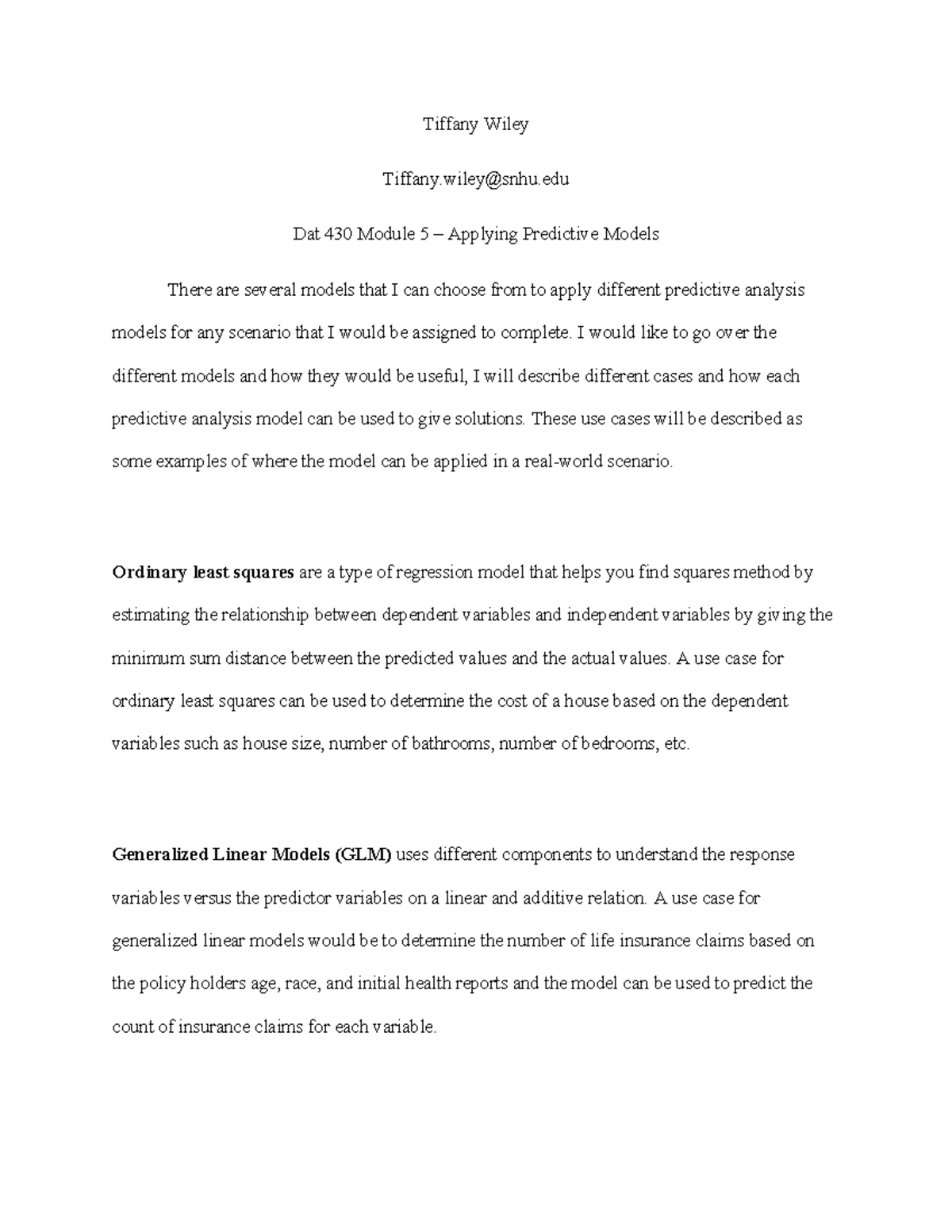 DAT 430 Module 5 - Applying Predictive Analysis Models - Studocu