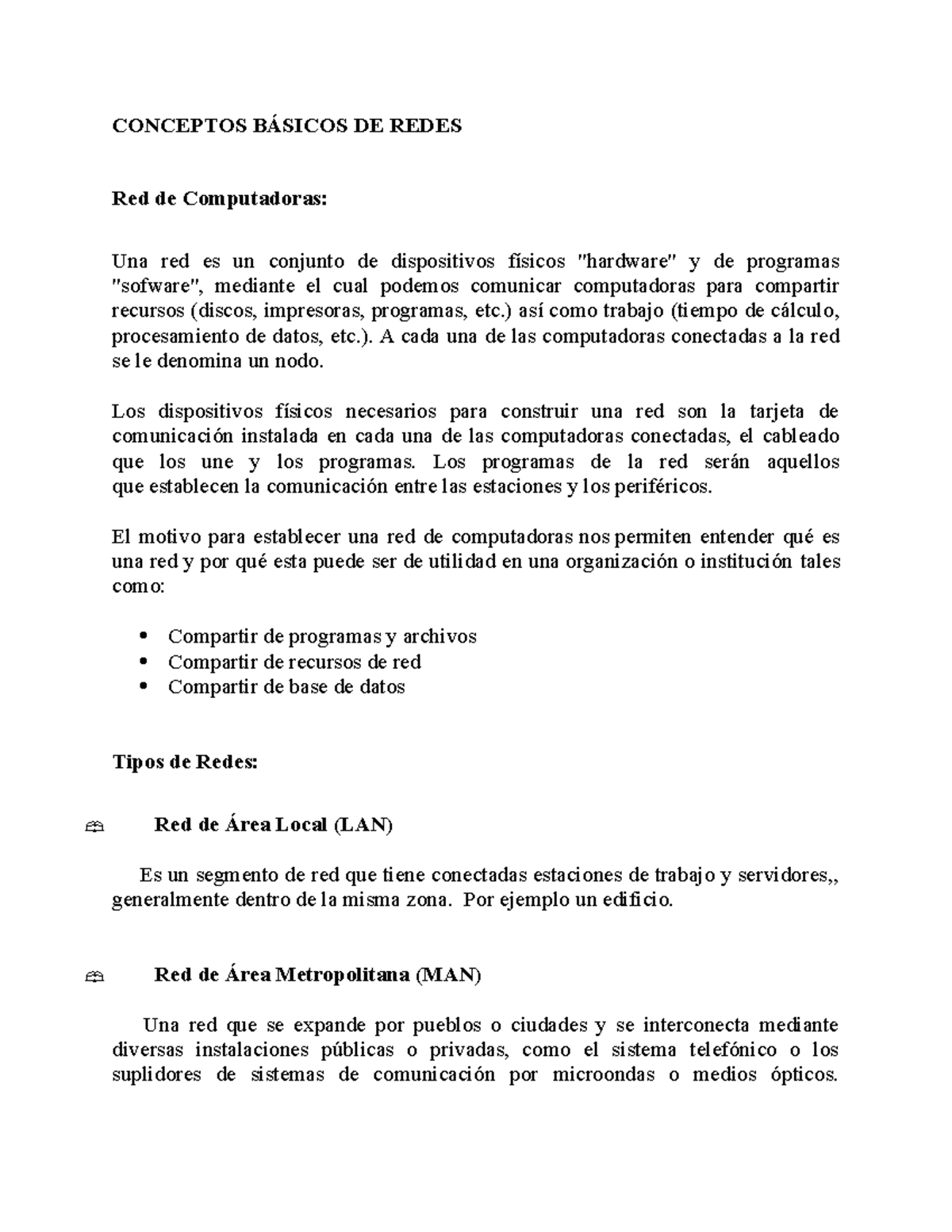 Tema IV. Conceptos basicos de red - CONCEPTOS BÁSICOS DE REDES Red de Computadoras: Una red es ...