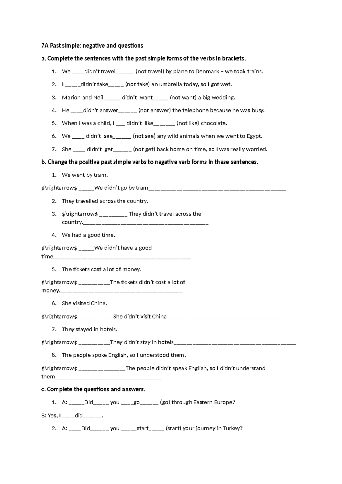 7A Simple Past: Negatives and Questions Practice - Studocu