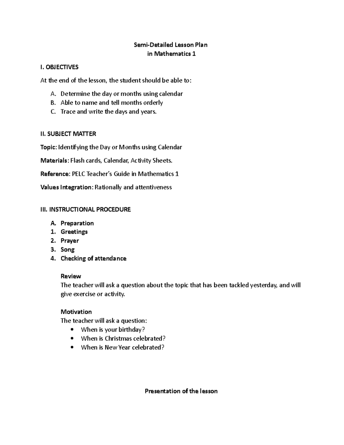 Mathematics 1 Lesson Plan: Identifying Days & Months Through Calendar ...