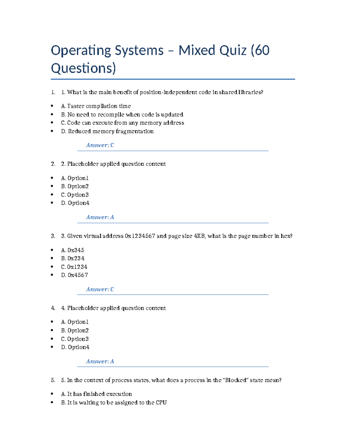 OS Mixed Quiz (60 Questions) - Comprehensive Review - Studocu
