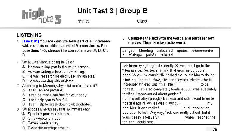 High Note 3 U3 Unit Test B: Listening & Vocabulary Exercises - Studocu