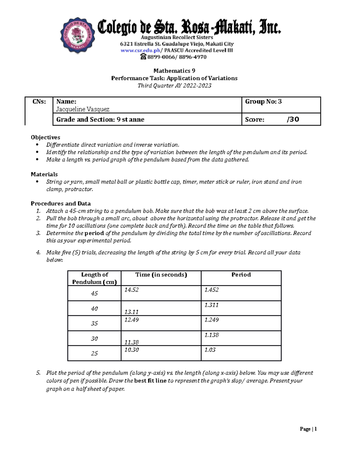 Application of Variations - Mathematics 9 Performance Task: Application ...