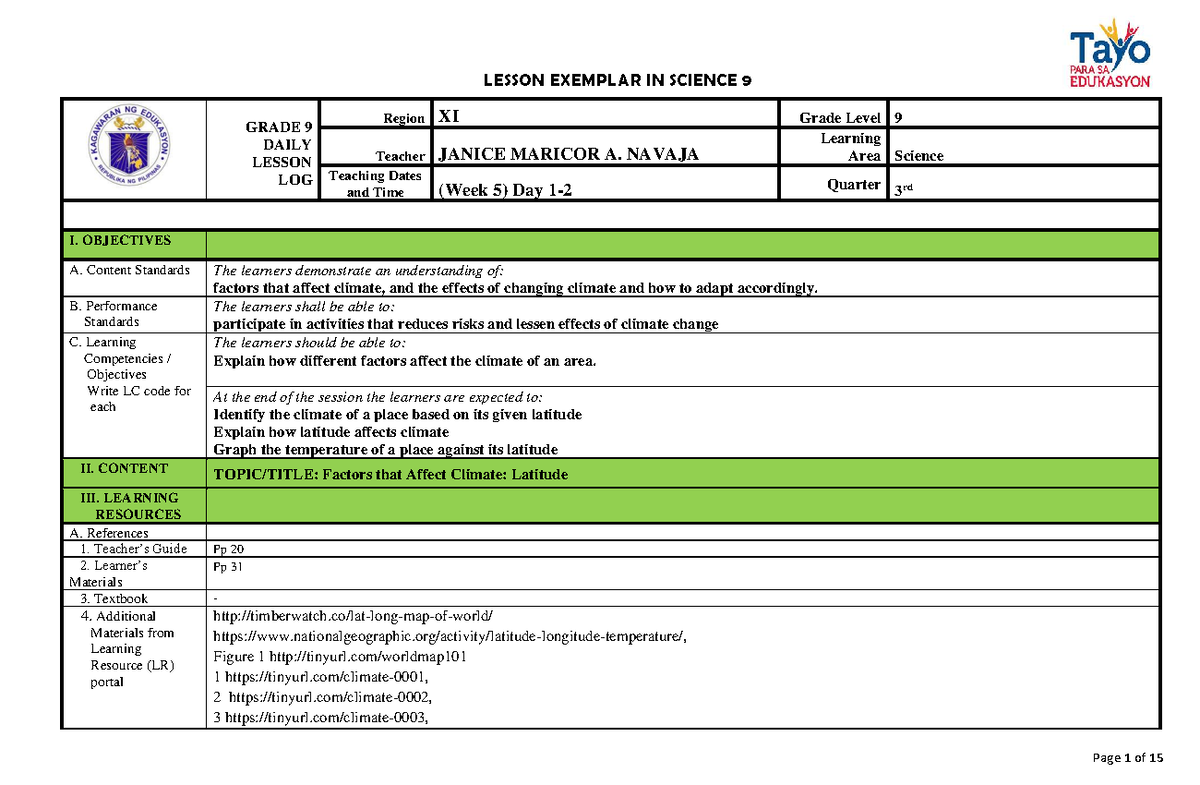 Factors Influencing Climate: A Detailed Lesson Plan for Science 9 - Studocu
