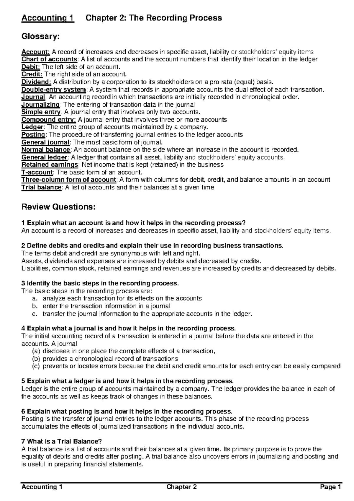Accounting 1 Chapter 2: Key Terms and Recording Process Explained - Studocu