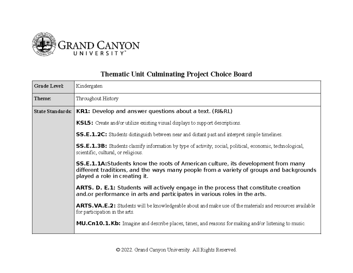Thematic Unit Culminating Project Choice Board for Kindergarten - Studocu