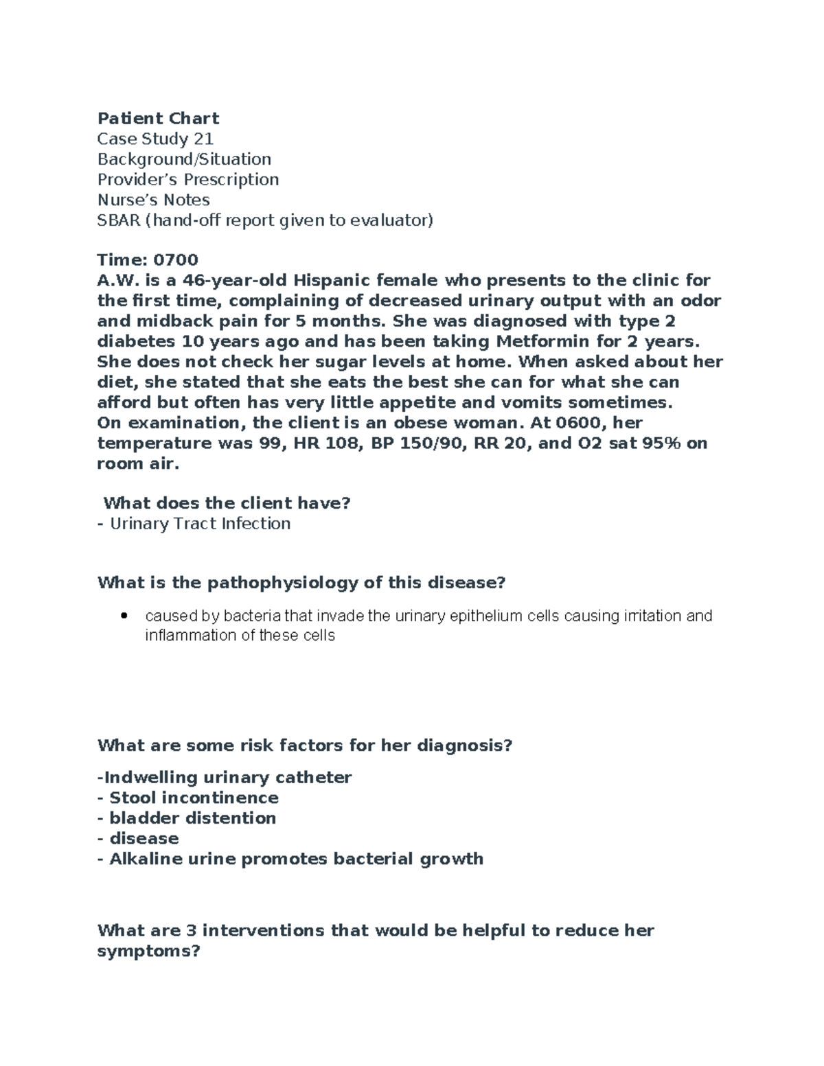 Patient Chart Case Study 21: SBAR Report on UTI Management - Studocu