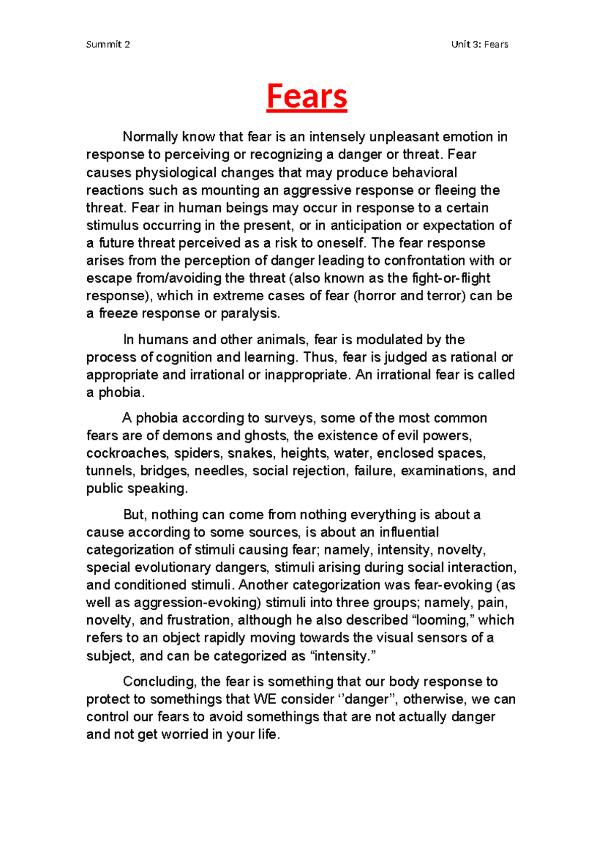 Summit 2 Unit 3: Understanding Fears and Phobias - ASD - Studocu