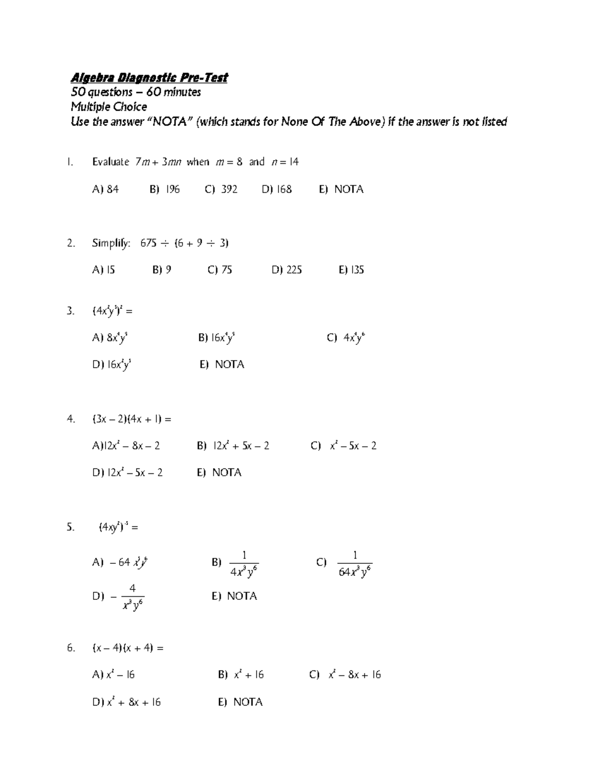 Math Practice Set - Algebra Diagnostic Pre-Test 50 questions – 60 ...