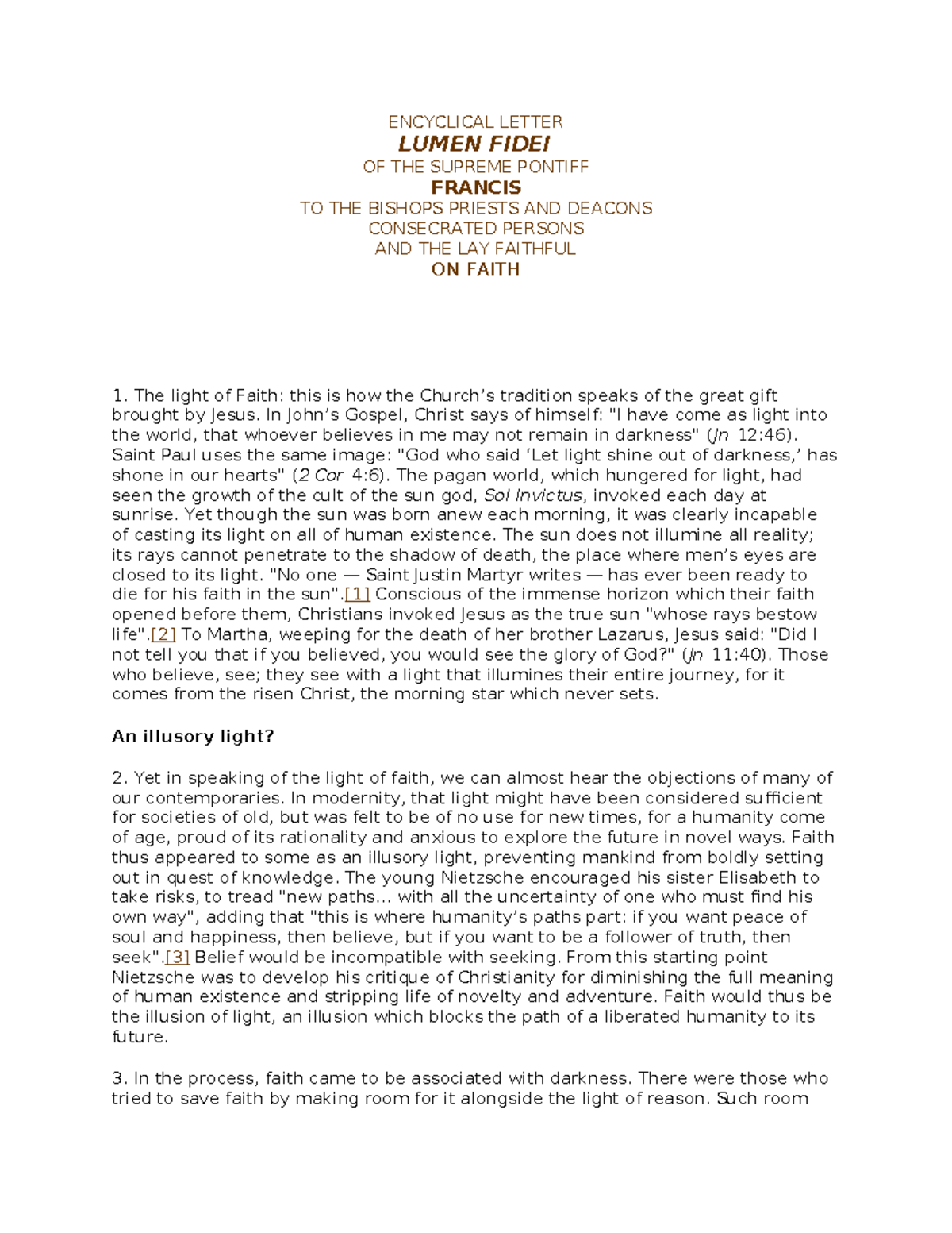 Pope Francis - Lumen Fidei excerpts - ENCYCLICAL LETTER LUMEN FIDEI OF ...