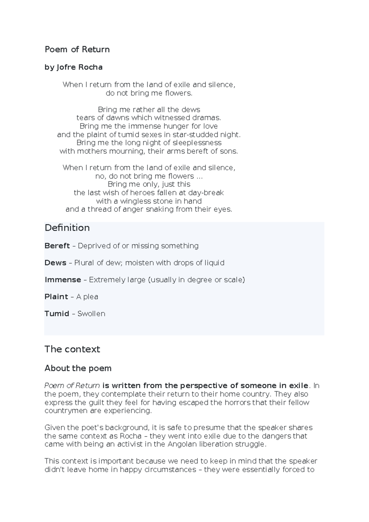 ENG 201: Poem of Return Analysis and Contextual Insights - Studocu