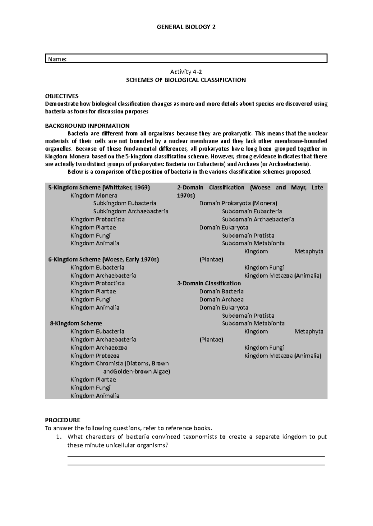GENERAL BIOLOGY 2: Activity 4-2 on Biological Classification Schemes ...