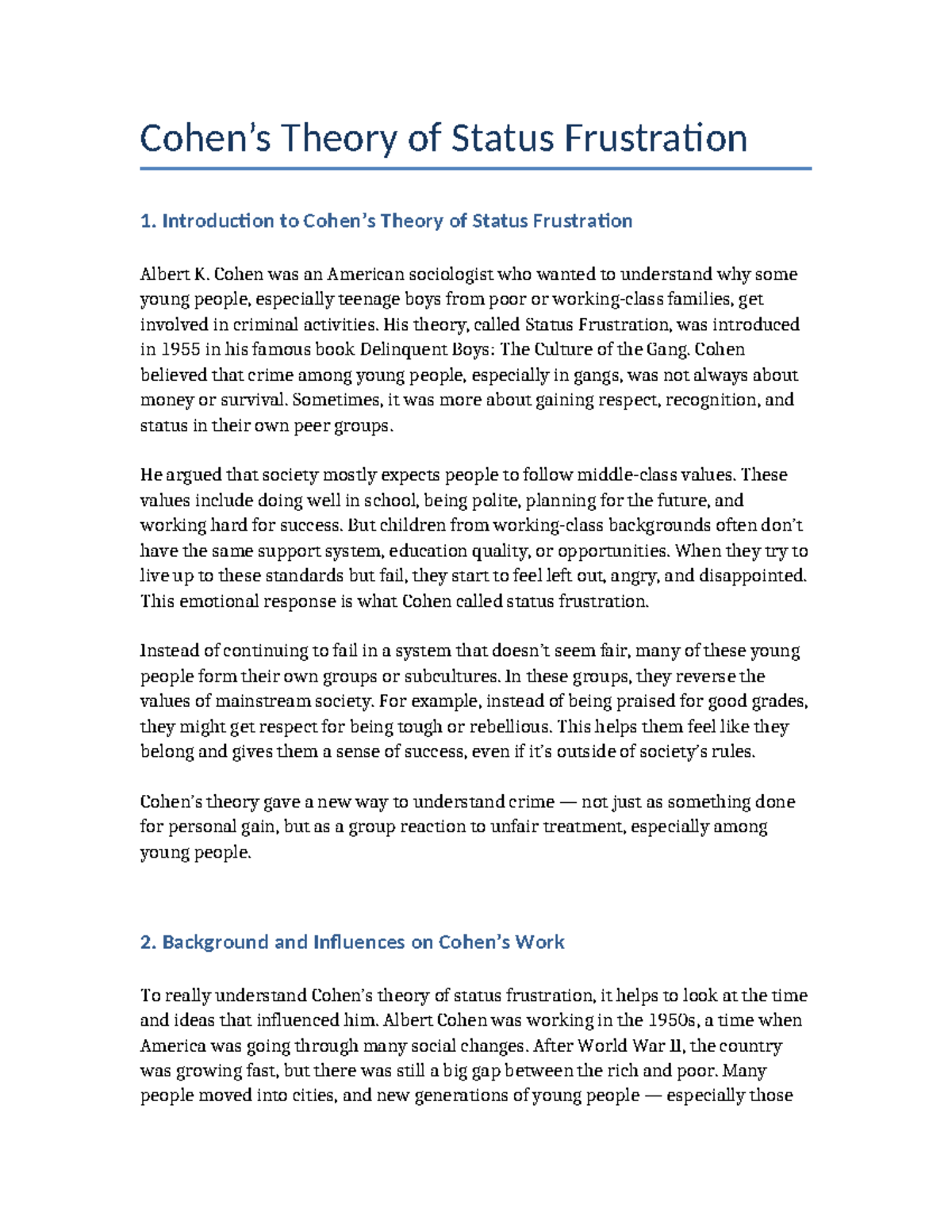 Cohen's Theory of Status Frustration: An In-Depth Analysis - Studocu