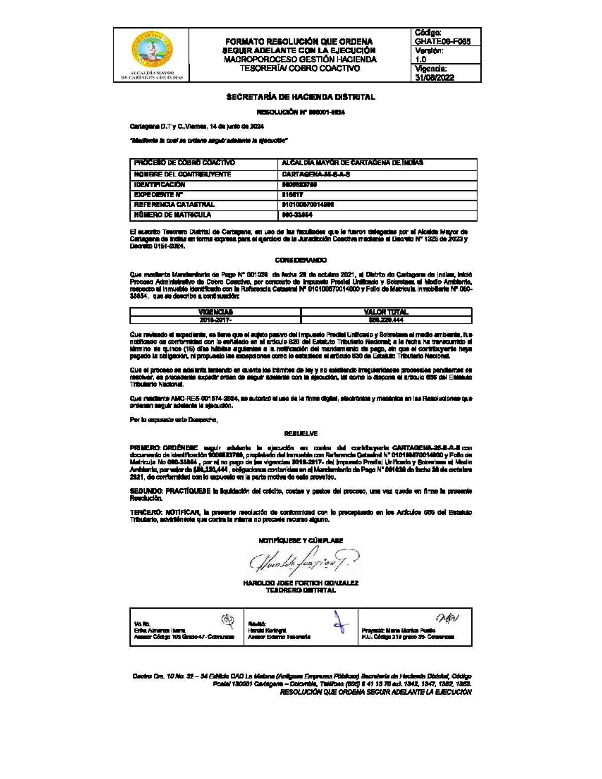 Resolución de Ejecución de Cobro Coactivo - ALCALDÍA CARTAGENA - Studocu