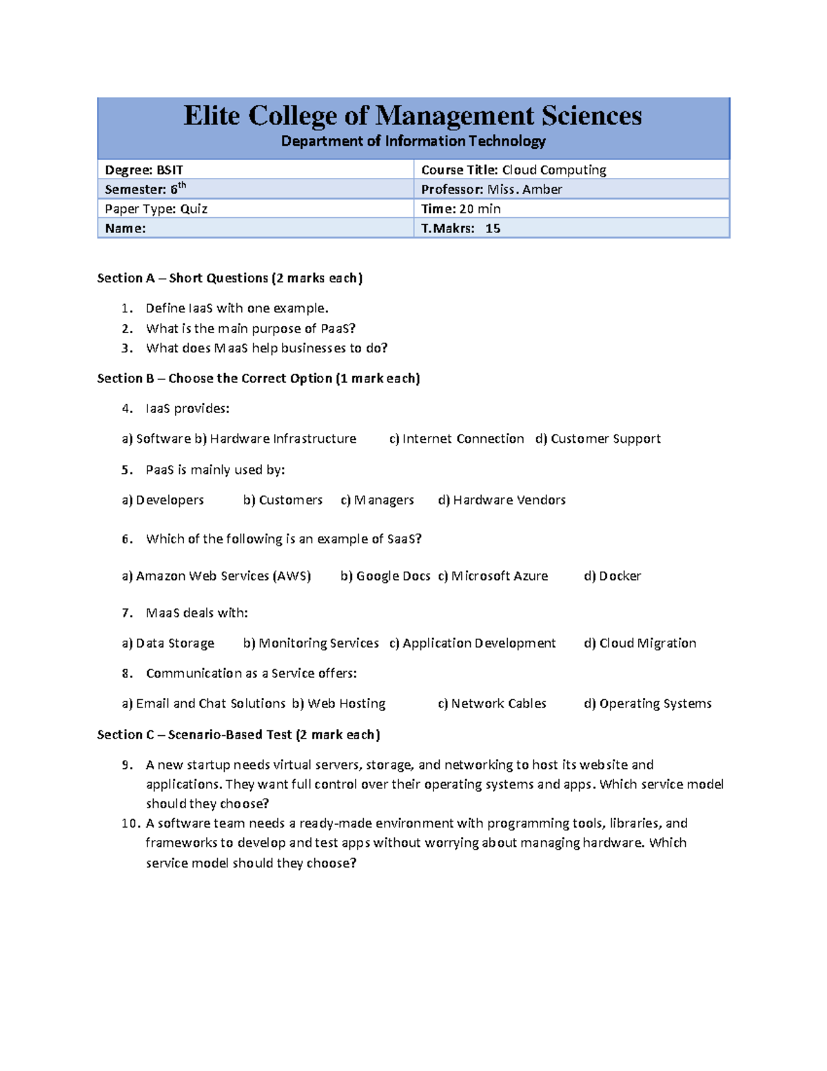 Cloud Computing Quiz - BSIT 6th Semester - Studocu